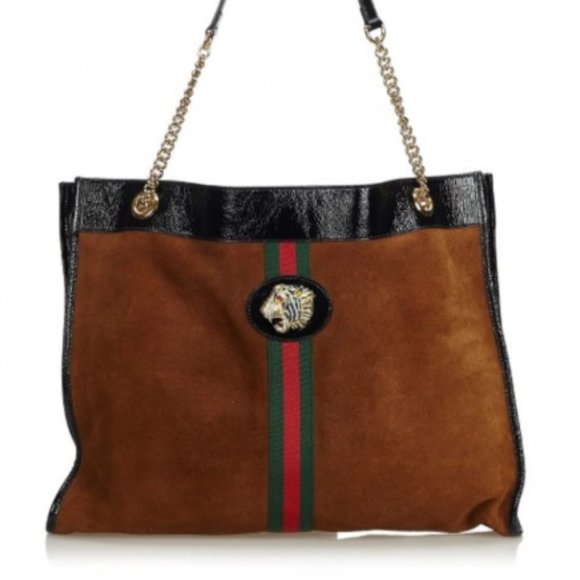 Gucci | Bags | Gucci Rajah Brown Suede Web Stripe Tiger Large Lea ...